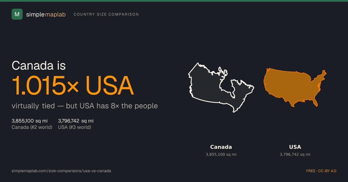 USA vs Canada Size: Virtually Tied — Canada Is 1.015× Larger (Maps ...